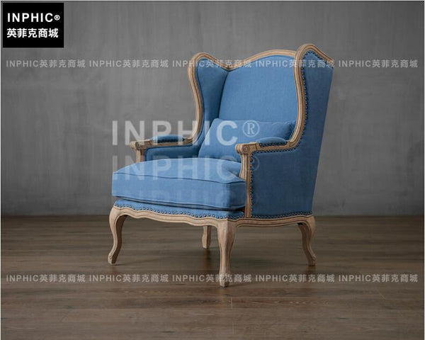 Inphic 北歐法式橡木架亞麻時尚布藝高背單人羽絨沙發 美式鄉村老虎椅