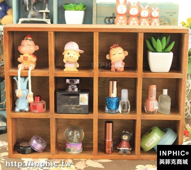 Inphic 實木復古 十二格收納盒 展示櫃子 可懸掛原木 攝影道具