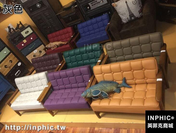 Inphic 復古木質兒童雙人小沙發皮革凳子兒童房家俱收納凳幼兒攝影道具 灰色