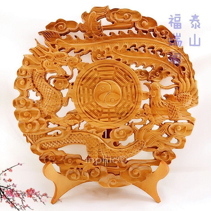 Inphic 宗教 龍鳳八卦鏡 開光桃木鏡 八卦盤 擺件 促姻緣 化孤煞 化不利情緣
